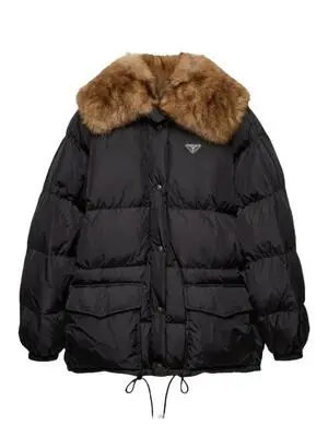 Prada Padded Jacket With Drawstring And Removable Fur Collar - Black