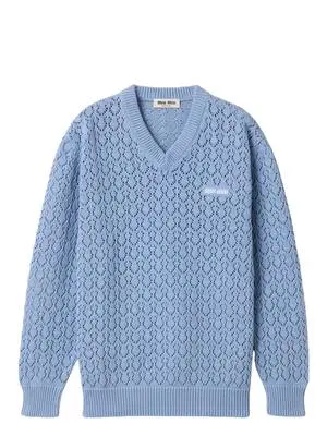 Miu Miu Miu Miu Cotton Lace V-Neck Sweater Sky-blue