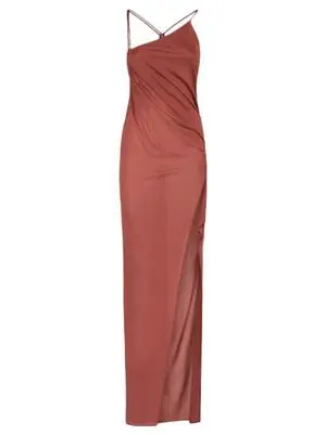 Blumarine Viscose Crepe Maxi Dress With Asymmetrical Neckline And Drawstring Detail - Brown
