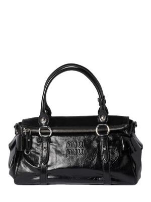 Miu Miu Shiny Leather Handbag With Top Handle And Zip Closure - Black
