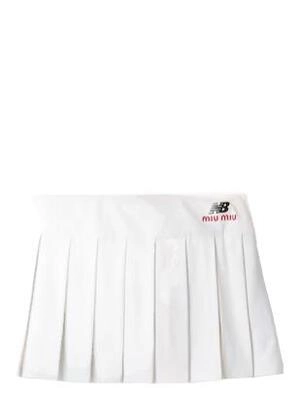 Miu Miu Pleated Stretch Jersey Skirt With Embroidered Logo - White