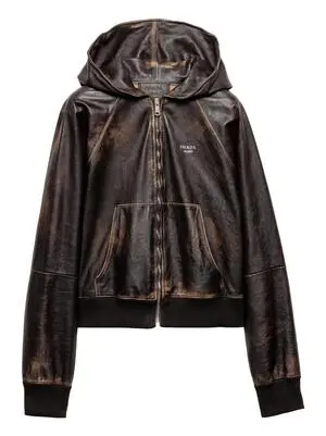 Prada Hooded Zip-up Leather Jacket - Brown