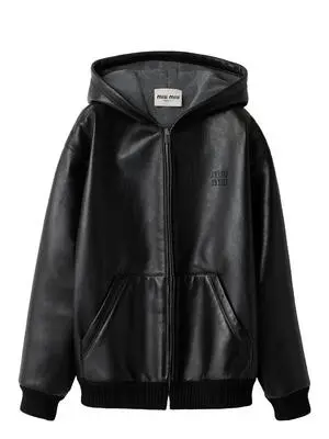 MIU MIU Miu Miu Nappa Leather Zip-Up Hoodie Jacket With Embossed Logo