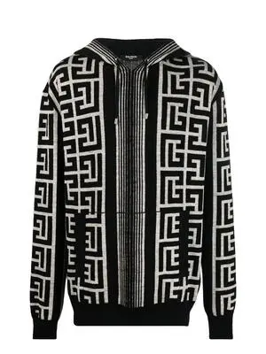 Balmain Maxi Monogram Drawstring Hoodie - Black