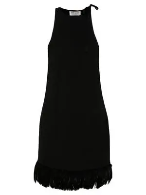 Saint Laurent Sleeveless Crewneck Mini Dress With Feather Trim - Black