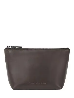 Brunello Cucinelli Logo Printed Zipped Clutch Bag - Brown