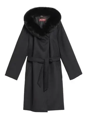 Max Mara Hooded Wool Coat With Fox Fur Trim - Black