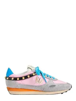 Valentino Garavani Stud Up Trainer In Split Leather And Nylon With Butterfly Embroidery - Multicolor