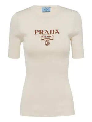 Prada Silk Crew-neck Sweater With Logo - Ivory