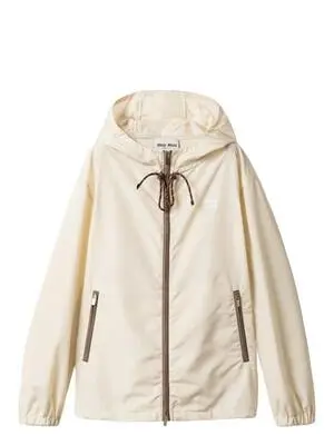 Miu Miu Technical Fabric Blouson Jacket With Drawstring Hood And Zip Closure - Vanilla