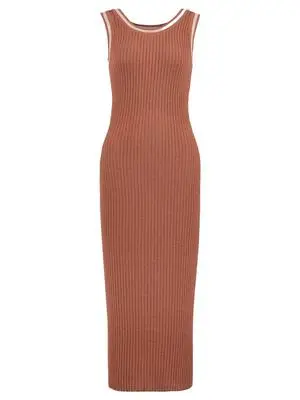 TOD'S Sleeveless Ribbed Knit Maxi Dress With Contrasting Piping - Brown