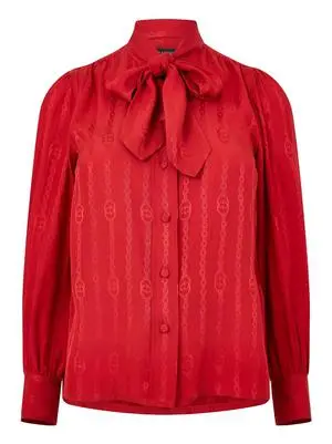 Gucci Long Sleeve Jacquard Blouse With Tie Neck - Red