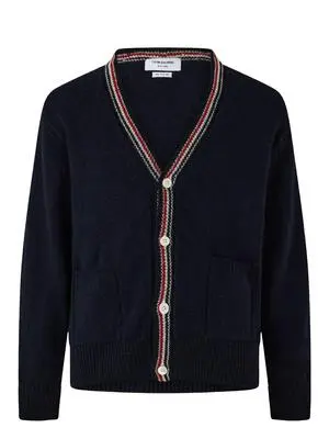 Thom Browne Thom Browne V-Neck Knit Cardigan With Striped Piping And Embroidered Dog Motif Black
