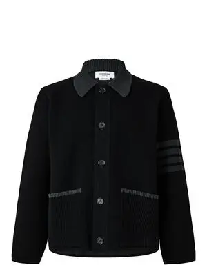 THOM BROWNE Thom Browne Black Knit Button-Front Jacket With Textured Collar And Signature Stripes