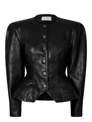 Magda Butrym Round Neck Leather Peplum Jacket - No