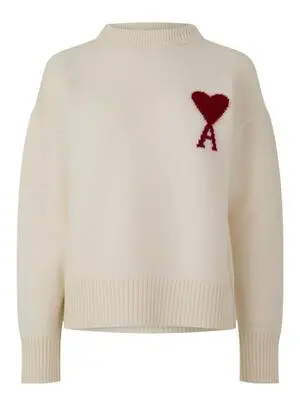 AMI Paris Off-white Crew-neck Knit Top With Embroidered Heart - No