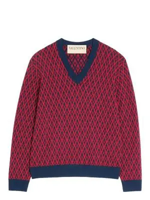 Valentino Garavani V-neck All-over Patterned Jumper - Navy Blue/raspberry