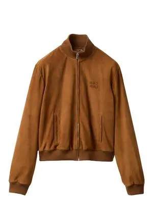Miu Miu Waxed Suede Jacket With Knit Collar - Brown