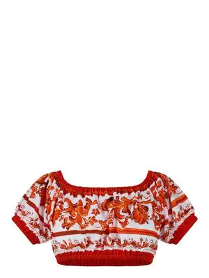 Dolce & Gabbana Short Sleeve Off-shoulder Printed Cropped Top - Red