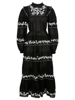 Farm Rio Embroidered Long Sleeve Maxi Dress - Black