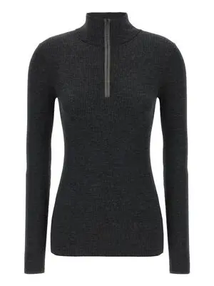 Brunello Cucinelli Brunello Cucinelli Ribbed Knit High Neck Top With Zip Detail Anthracite