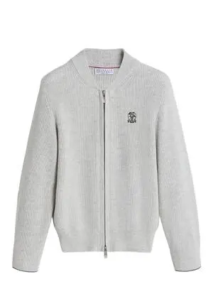 Brunello Cucinelli Brunello Cucinelli Two-Way Zip Raglan Sleeve Cardigan With English Ribbing Light Gray