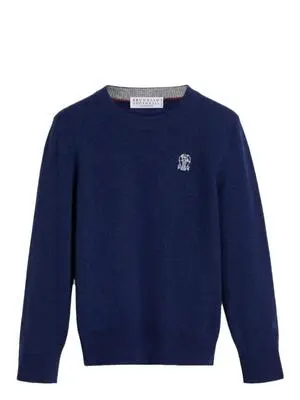 Brunello Cucinelli Embroidered-logo Cashmere Sweater Blue