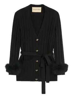 Valentino Garavani V-neck Feather Trim Cardigan - Black