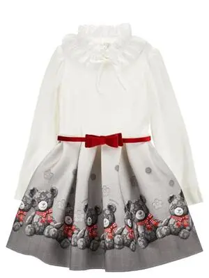 Monnalisa Long Sleeve Ruffle High Neck Dress With Bear Print - Medium Gray