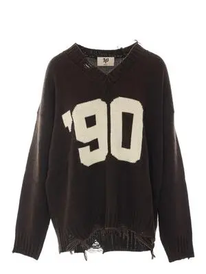 ANIYE BY Distressed V-neck Sweater With '90 Appliqu - Black