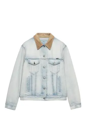 Prada Denim Blouson Jacket With Leather Collar - Light Blue