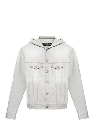Palm Angels Logo Printed Hooded Denim Jacket - White