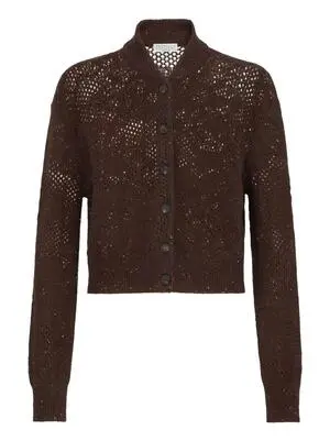 Brunello Cucinelli Lace Flowers Cardigan In Sparkling Mohair And Virgin Wool - Brown