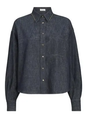 Brunello Cucinelli Sparkling Long Sleeve Shirt With Shiny Collar - Denim