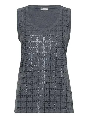 Brunello Cucinelli Cotton Jersey Top With Dazzling Windowpane Embroidery - Lead