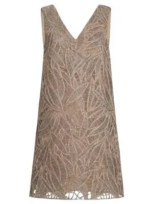 Brunello Cucinelli Linen And Cotton Dazzling Cacao Leaves Embroidery Mini Dress - Rope