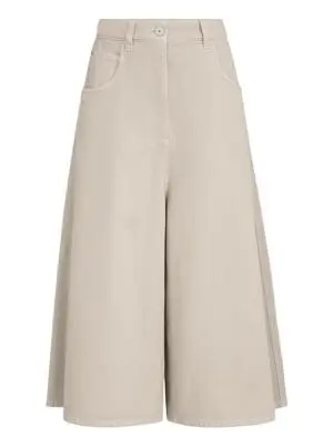 Brunello Cucinelli Dyed Denim Wide Cropped Trousers With Monili - Sand