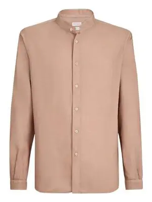 Brunello Cucinelli Garment-dyed Easy Fit Shirt In Cotton And Linen Pinpoint With Mandarin-collar - Earth