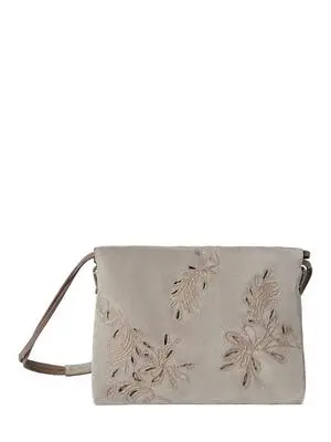 Brunello Cucinelli Suede Duo Pouch Bag With Broderie-anglaise And Monili - Light Gray