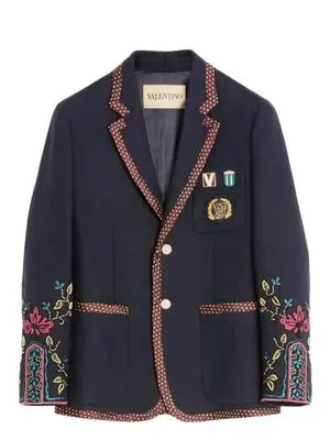 Valentino Garavani Embellished Lapel Long-sleeved Suit Jacket - Black