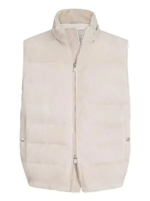 Brunello Cucinelli Suede Down Vest With Packable Hood - Light Brown