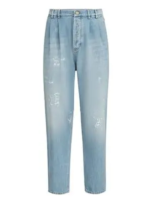 Brunello Cucinelli Lightweight Denim Iconic Fit Five-pocket Trousers With Double Pleats And Rips - Blue
