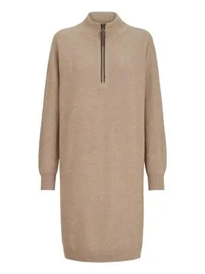 Brunello Cucinelli Virgin Wool, Cashmere And Silk Rib-knit Half-zip Dress - Beige