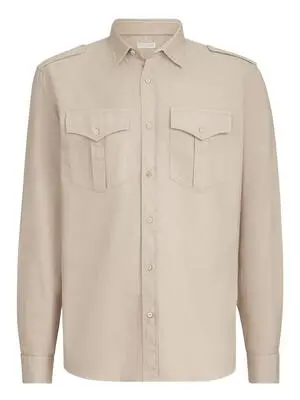 Brunello Cucinelli Garment-dyed Shirt In Cotton Chevron With Spread Collar, Epaulettes And Chest Pockets - White