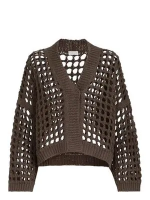 Brunello Cucinelli Jute And Cotton Net Cardigan - Brown
