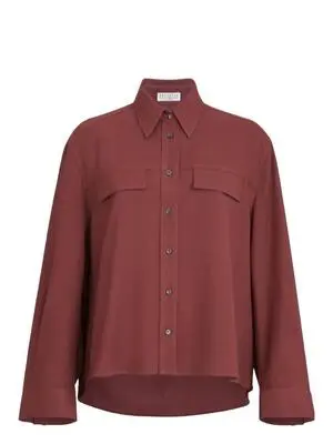 Brunello Cucinelli Virgin Wool Fluid Twill Cropped Shirt - Wine
