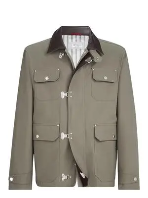Brunello Cucinelli Water-resistant Techno Cotton Gabardine Jacket With Leather Inserts - Gray