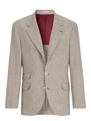 Brunello Cucinelli Wool, Alpaca And Silk Houndstooth Deconstructed Cavallo Blazer Stone Gray