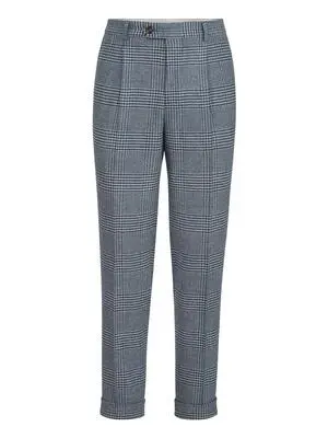 Brunello Cucinelli Comfort Wool And Cashmere Prince Of Wales Flannel Trousers With Pleat - Sky-blue
