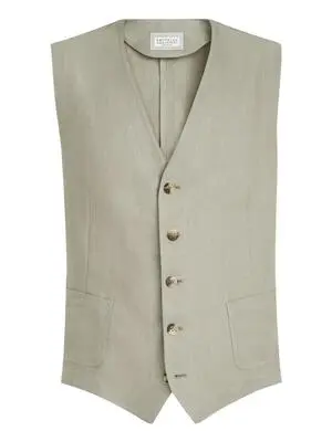 Brunello Cucinelli Linen Micro Chevron Waistcoat - Sage